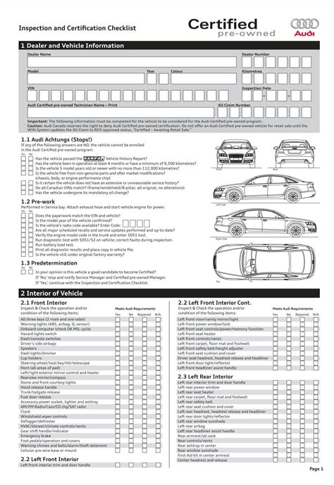 Inspection And Certification Checklist 2 Interior Of Vehicle Audi