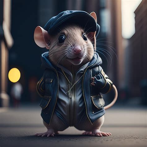 Premium Ai Image A Mouse Wearing A Jacket And Hat Stands On A Street