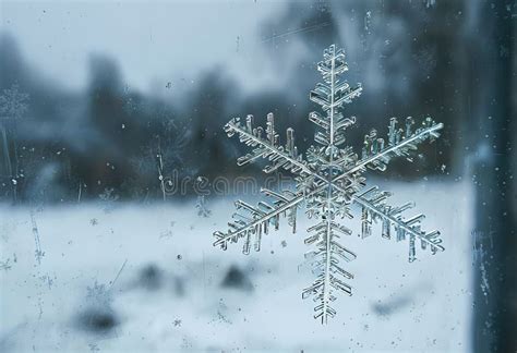 Snowflake Close Up A Single Snowflake Magnified On A Cold Window Stock