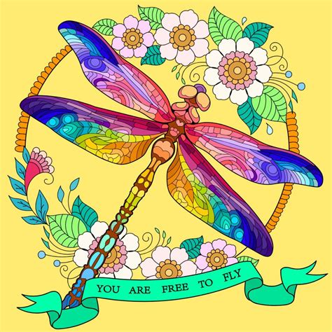 Colorful Dragonfly Drawing With Flowers And Ribbon Colorful Flower
