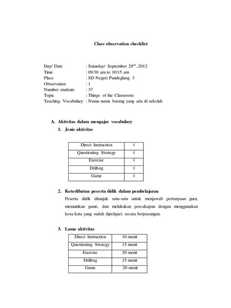 11 Class Observation Checklist Pdf