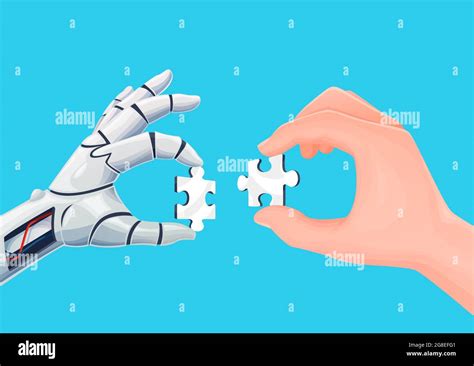 Robot And Human Hands Connecting Jigsaw Puzzle Pieces Artificial