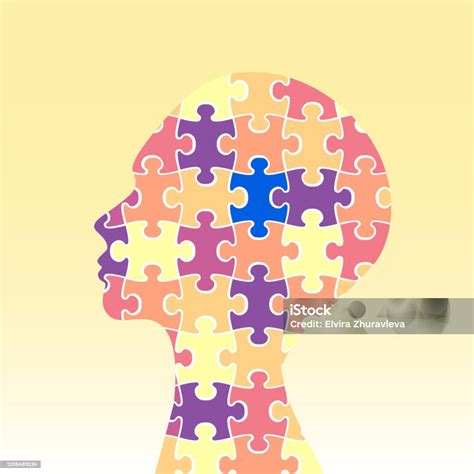 세계 자폐증 인식의 날 개념입니다 파란 퍼즐 조각과 인간과 그의 복잡한 마음의 실루엣 4월에 대한 스톡 벡터 아트 및 기타
