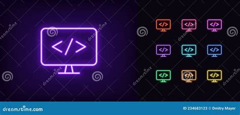 programming icon in outline neon glowing neon computer with code sign