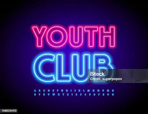 벡터 빛나는 로고 청소년 클럽 블루 네온 알파벳 문자 및 숫자 세트 공휴일에 대한 스톡 벡터 아트 및 기타 이미지 공휴일 그래픽 프린트 나이트클럽 Istock