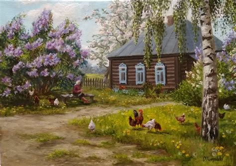 Картина деревня, пейзаж маслом, 35х50 см. Расцвела сирень у дома в ...