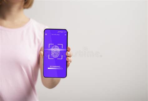 Lady Showing Phone With Fingerprint Scanner On Gray Background Cropped Stock Image Image Of