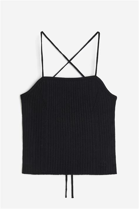 Tie Detail Rib Knit Top Black Ladies Handm Gb
