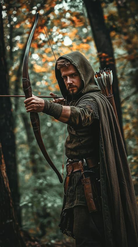 A Man Dressed As Robin Hood Standing In A Forest Aiming His Bow And