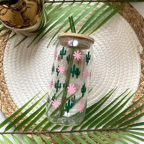 Refresh Summer A Monstera Leaf Cactus Themed Glass Straw Cup Temu New