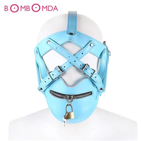 Sexy Mask Hood Leather Bondage Restraints Headgear Cover Slave Erotic Sex Games Zipper Lock