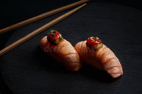 Aburi Salmon Nigiri Sushi Served On Ceramic Dish Stock Image Image Of