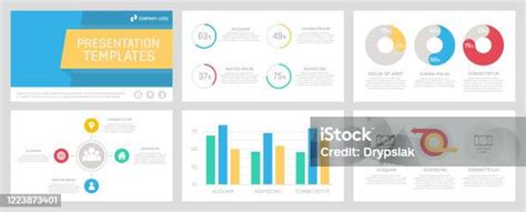 그래프와 차트와 다목적 프리젠 테이션 템플릿 슬라이드노란색 파란색 빨간색과 청록색 요소의 집합입니다 다이어그램에 대한 스톡 벡터