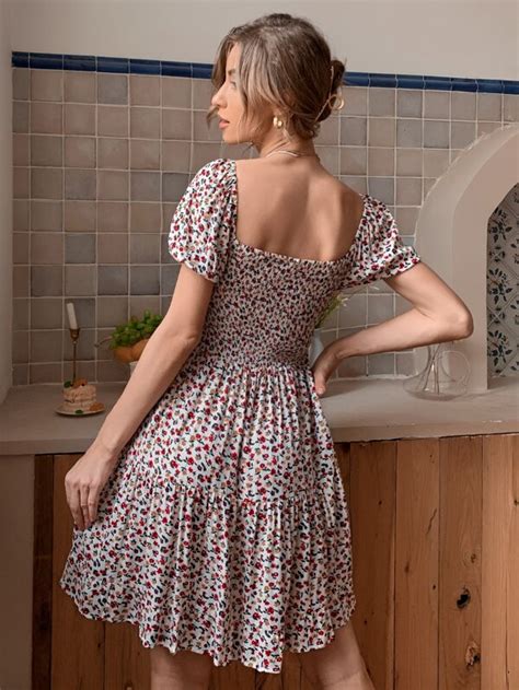 Shein Vcay Ditsy Floral Shirred Milkmaid Dress Shein Uk