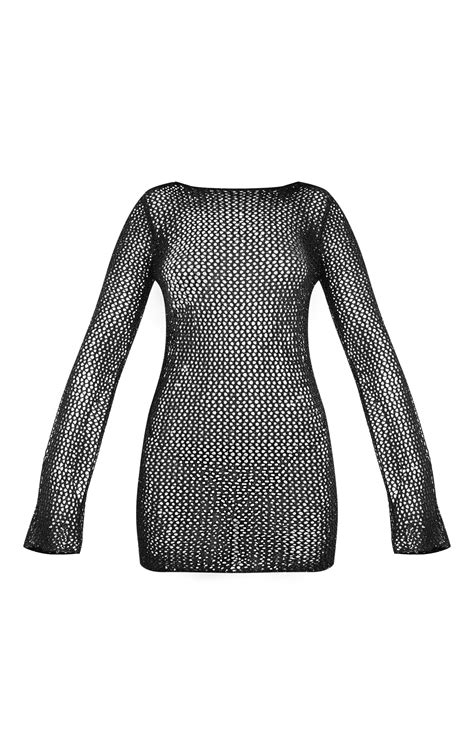 Black Crochet Sequin Knit Long Sleeve Mini Dress Knitwear Prettylittlething