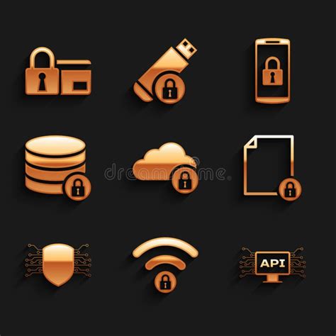 Set Cloud Computing Lock Wifi Locked Computer Api Interface Document And Cyber Security And