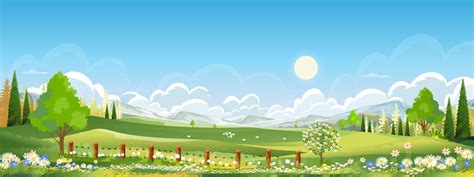 Nature Spring Rural Farm Landscape With Green Field With Cloud Blue
