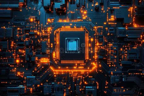 Futuristic Circuit Board Central Processing Unit Glowing Orange And Blue Technology Stock