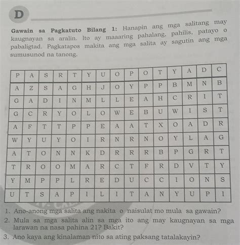 D Sa Pagkatuto Bilang 1 Hanapin Ang Mga Salitang May Gawain Kaugnayan