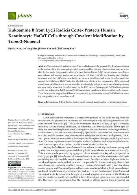 Pdf Kukoamine B From Lycii Radicis Cortex Protects Human Keratinocyte