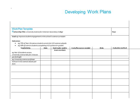 Science Work Plan Template For University Students