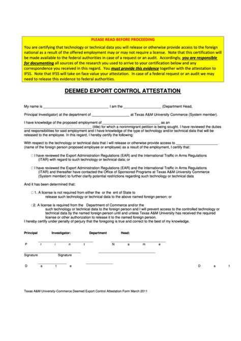 Fillable Deemed Export Control Attestation Printable Pdf Download