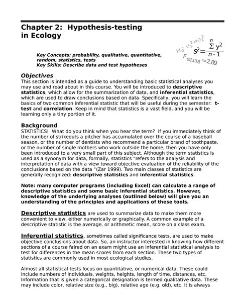Statistics Chapter Chapter Hypothesis Testing In Ecology Key Concepts Probability Studocu