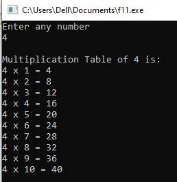 C Program To Display The Multiplication Table Of Input Number Using Function Computer For See