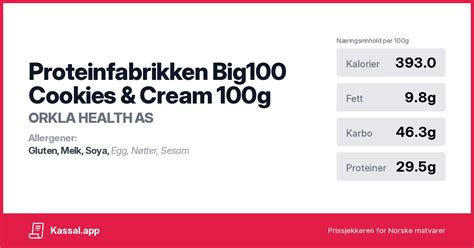 Proteinfabrikken Big100 Cookies & Cream 100g - Kassalapp®