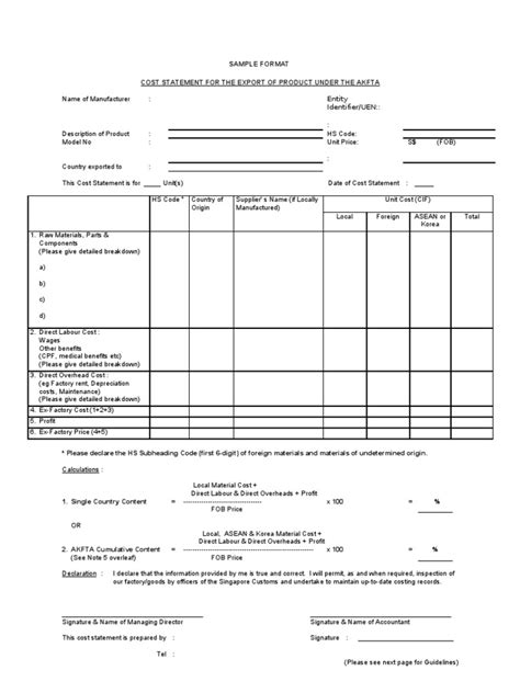 Sample Format Cost Statement For The Export Pdf Tariff
