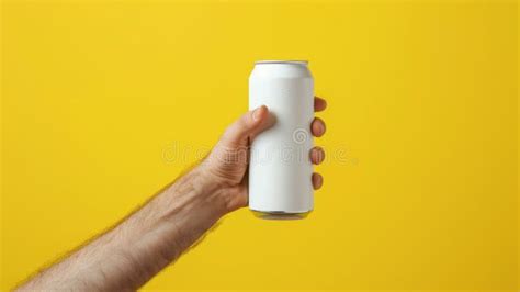 Hand Holding Blank Aluminum Can With Yellow Background Generative Ai