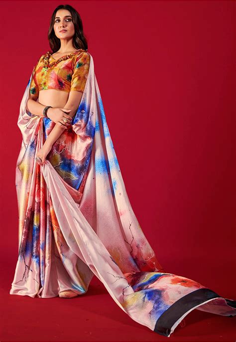 Buy Digital Printed Satin Crepe Saree In Peach Online Ssda153 Utsav