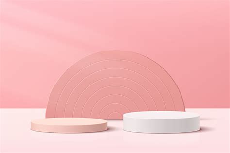 받침대 연단이있는 3d 추상 스튜디오 룸 핑크 세미 서클 배경파스텔 핑크와 화이트 기하학적 플랫폼 화장품 시연을 위한 최소한의 장면 쇼케이스 프로모션 디스플레이 세미 트럭에
