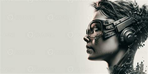 Profile Portrait Of Robot Bot Ai With Connected Glasses White Background Synthetic Humanoid