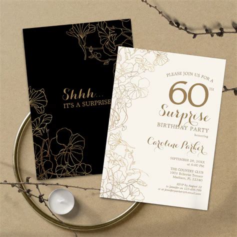 Floral Black Gold Surprise 60th Birthday Party Invitation Zazzle