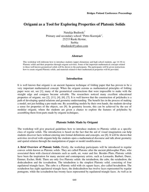 Pdf Origami As A Tool For Exploring Properties Of Platonic Solids