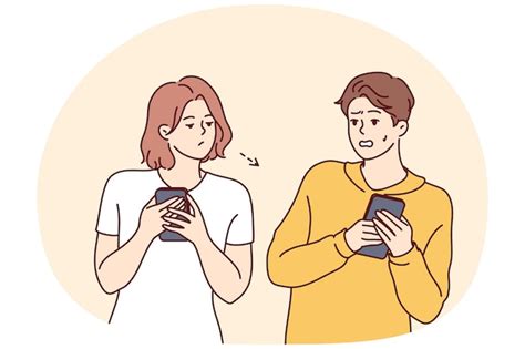 Premium Vector Man Hides Mobile Phone From Curious Woman Peeping And