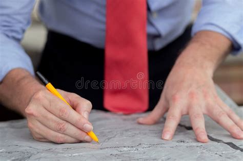 Closeup Hands Young Caucasian Architect Man Working Drawing Blueprint For Planning Building