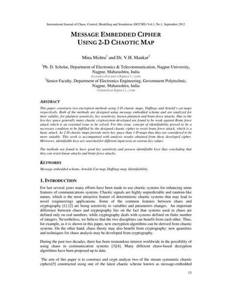 message embedded cipher using 2 d chaotic map pdf