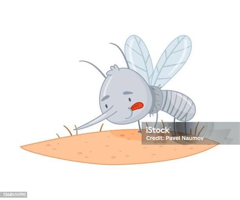 인간의 피부에 앉아 귀여운 모기 사랑스러운 기생 곤충 재미있는 캐릭터 만화 벡터 일러스트레이션 0명에 대한 스톡 벡터 아트 및