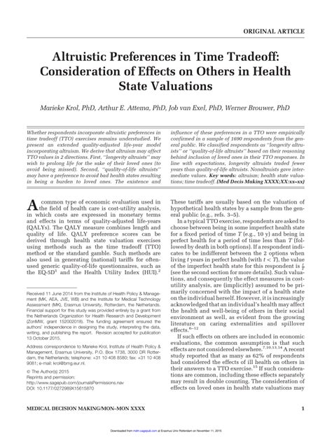 Pdf Altruistic Preferences In Time Tradeoff Consideration Of Effects