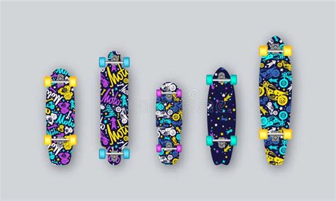 Set Of Prints On Longboard In Hand Drawn Style Stock Vector
