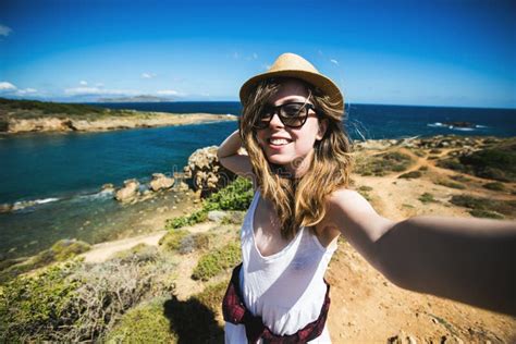 Pretty Young Female Tourist Takes Travel Selfie At Stock Image Image Of Building Holidays
