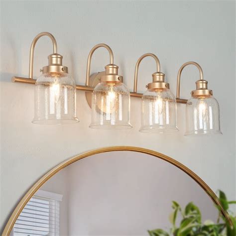 4 Light Mid Century Modern Gold Bathroom Vanity Light Bell Clear Seeded