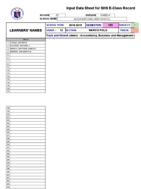 Learners Names Input Data Sheet For Shs E Class Record Pdf