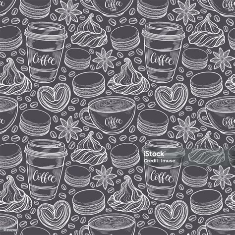 커피 컵 콩 머그컵 마카롱 손 그려진된 완벽 한 패턴입니다 빈티지 레트로 색상에 화려한 배경입니다 장식 낙서 벡터 일러스트 레이