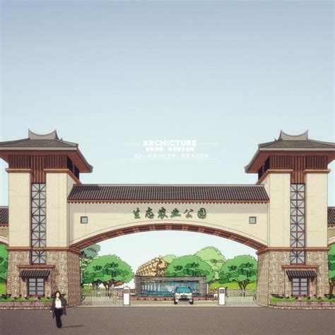 中式仿古对称生态农业园旅游区大门入口建筑设计 su模型 虎窝淘