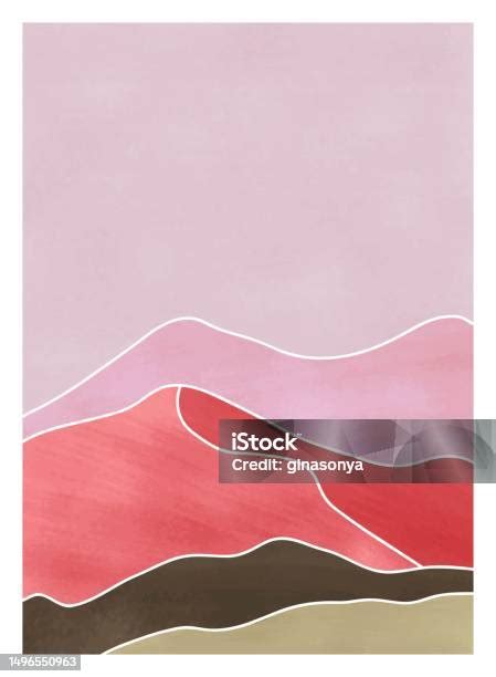 미드 센추리 모던 미니멀리즘 아트 프린트 추상적인 현대 미적 배경 풍경은 라인 아트 산 태양 달 바다 숲으로 설정됩니다 벡터 일러스트레이션 예술에 대한 스톡 벡터 아트 및