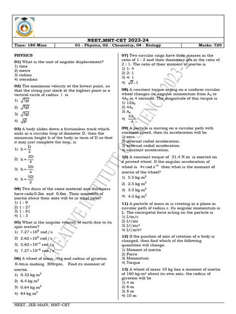 145594 Neet 11th Paper 1 Pdf Rotation Around A Fixed Axis