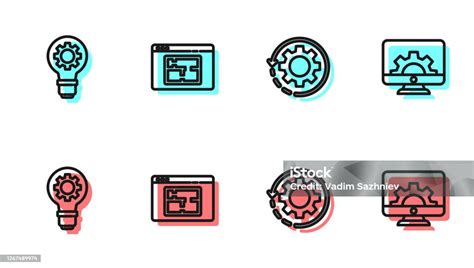 ラインギアと矢印をワークフロー電球ギアハウスプランコンピュータモニターアイコンとして設定しますベクトル アイコンのベクターアート素材や画像